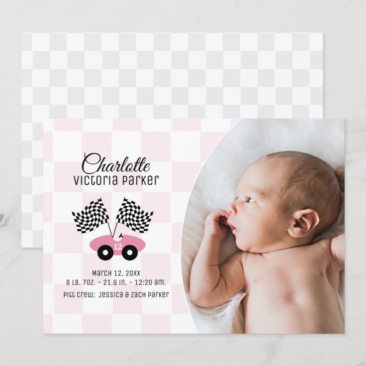 Race Car Checker Flag Birth with Photo Pink Invitation | Zazzle