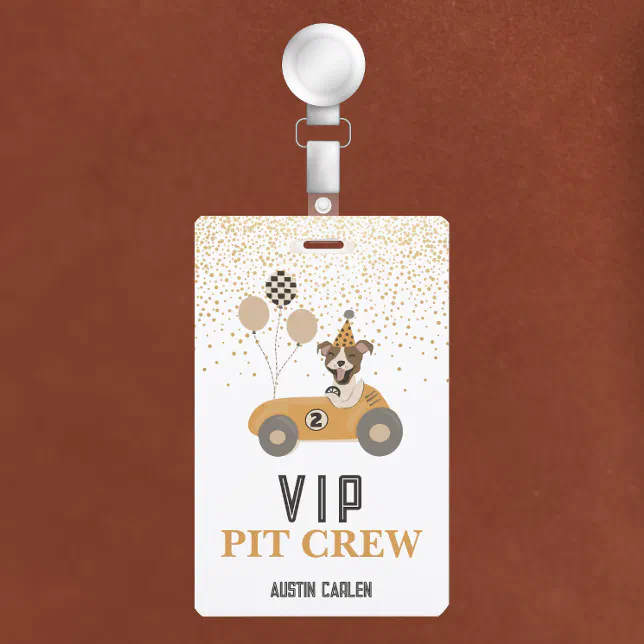 Race Car Dog Boys Birthday Party VIP Badge | Zazzle
