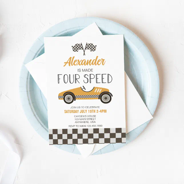 Race Car Made Four Speed Birthday Invitation | Zazzle