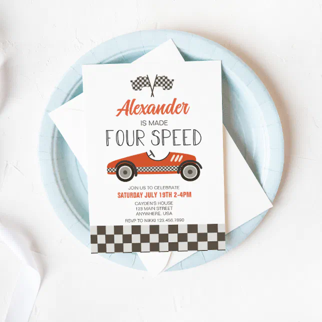 Race Car Made Four Speed Birthday Invitation | Zazzle