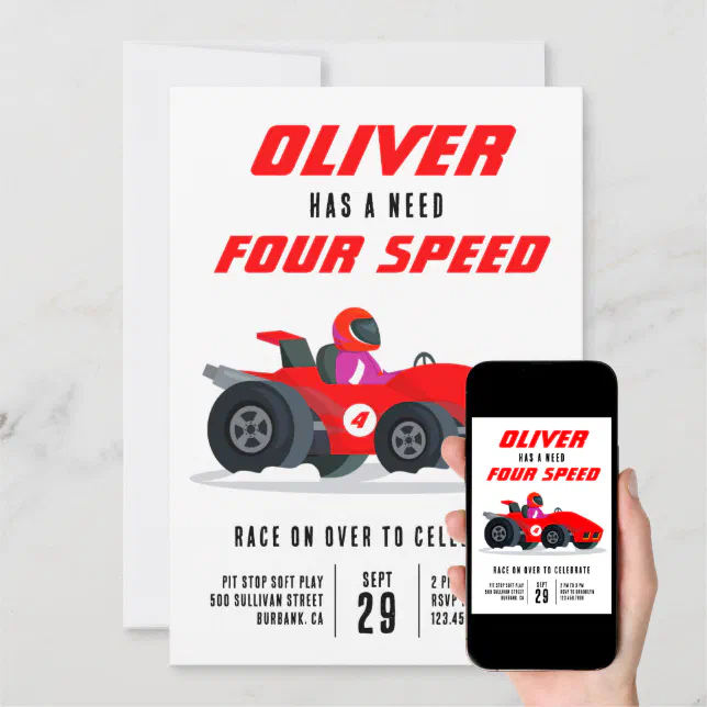 Race Car Need for Speed 4th Birthday Party Invitation | Zazzle