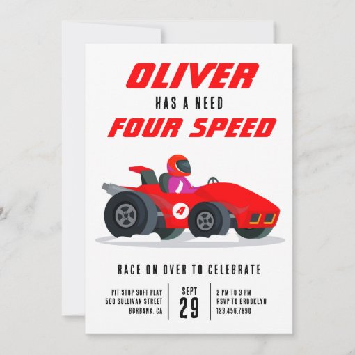 Race Car Need for Speed 4th Birthday Party Invitation | Zazzle