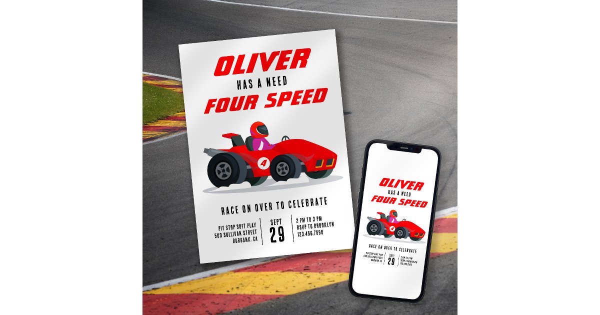 Race Car Need for Speed 4th Birthday Party Invitation | Zazzle
