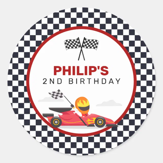 Race Car Racing Two Fast Boy Birthday Party Classic Round Sticker | Zazzle