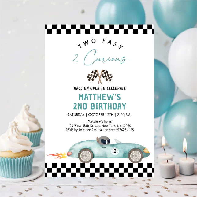 Race Car Second Birthday Two Fast 2 Curious Invitation | Zazzle