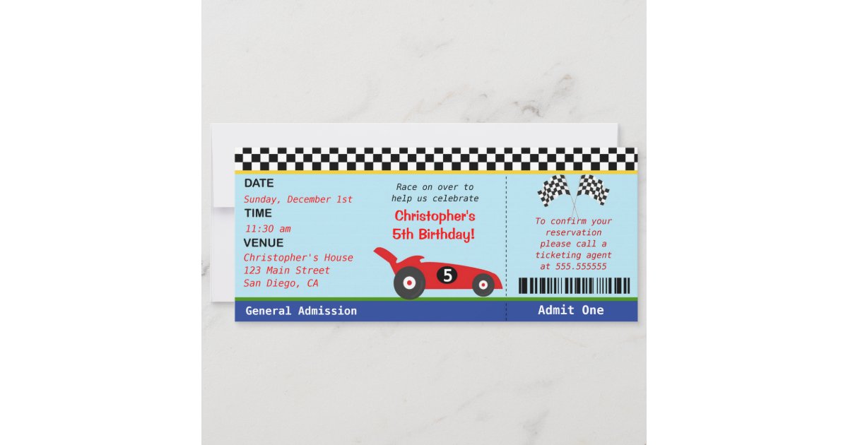 Race Car Ticket Birthday Invitation | Zazzle