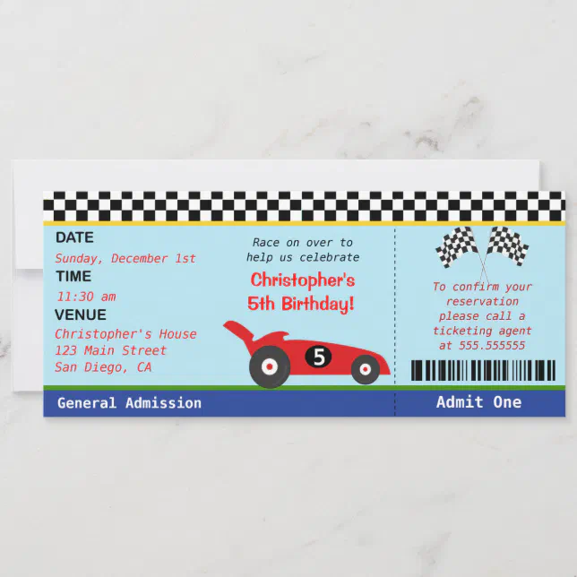 Race Car Ticket Birthday Invitation | Zazzle