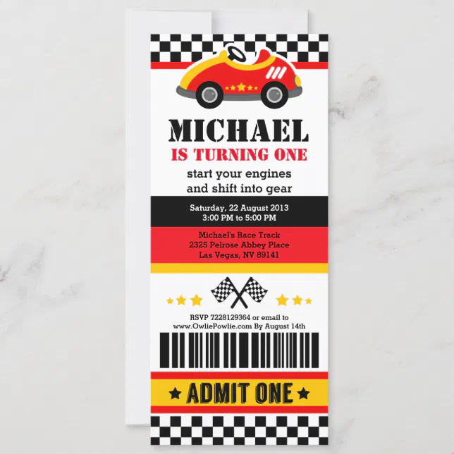 Race Car Ticket Pass Birthday Party Invitation | Zazzle