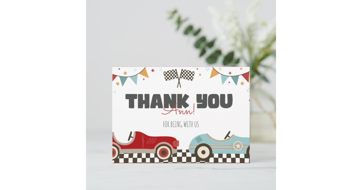 Race Car Two Fast Birthday Thank You Card | Zazzle