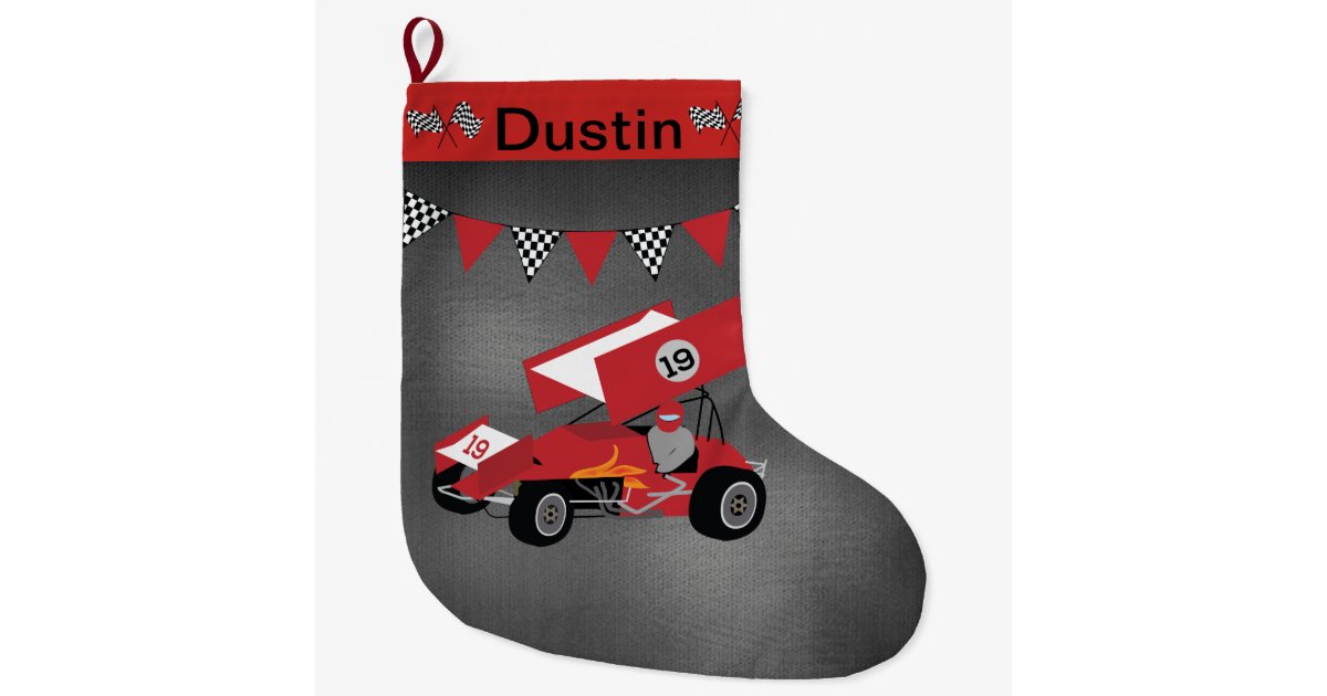 Race Car with Checkered Flags Large Christmas Stocking | Zazzle