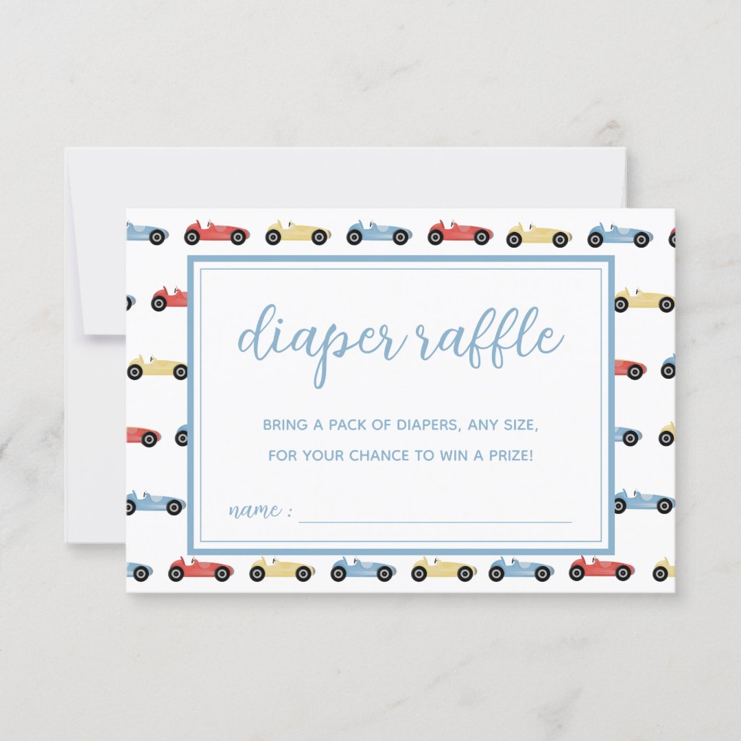 Race Cars Blue Boy Baby Shower Diaper Raffle Card | Zazzle