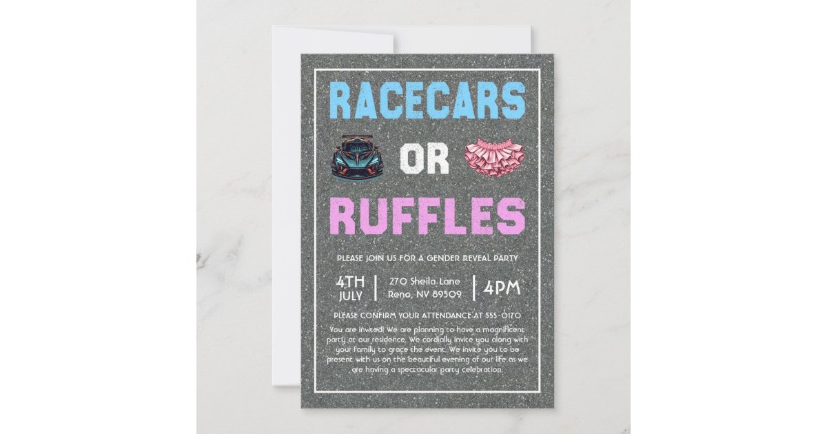 Race Cars or Ruffles Gender Reveal Invitation | Zazzle