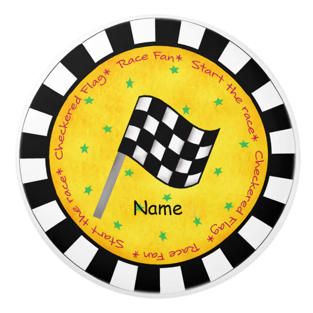 Race Fan Black White Checkered Flag Custom Name Ceramic Knob | Zazzle