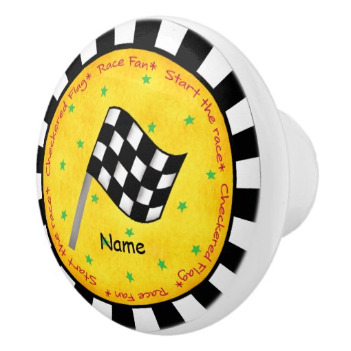 Race Fan Black White Checkered Flag Custom Name Ceramic Knob | Zazzle