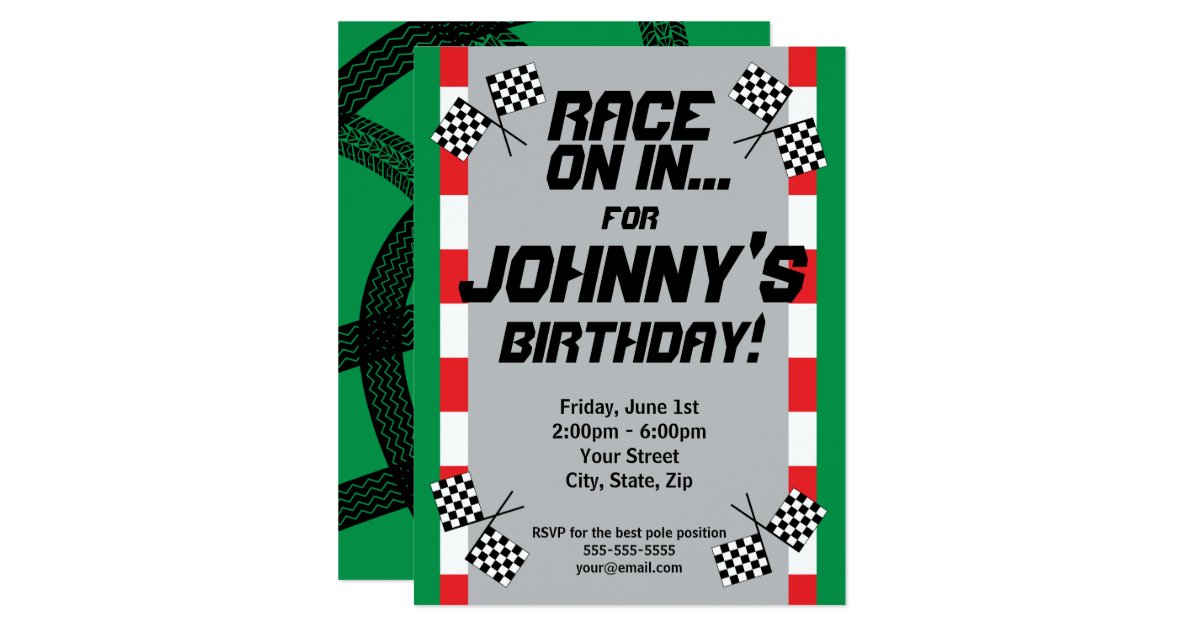 Race Track Birthday Invitation, Tire Tracks Racing Invitation | Zazzle.com