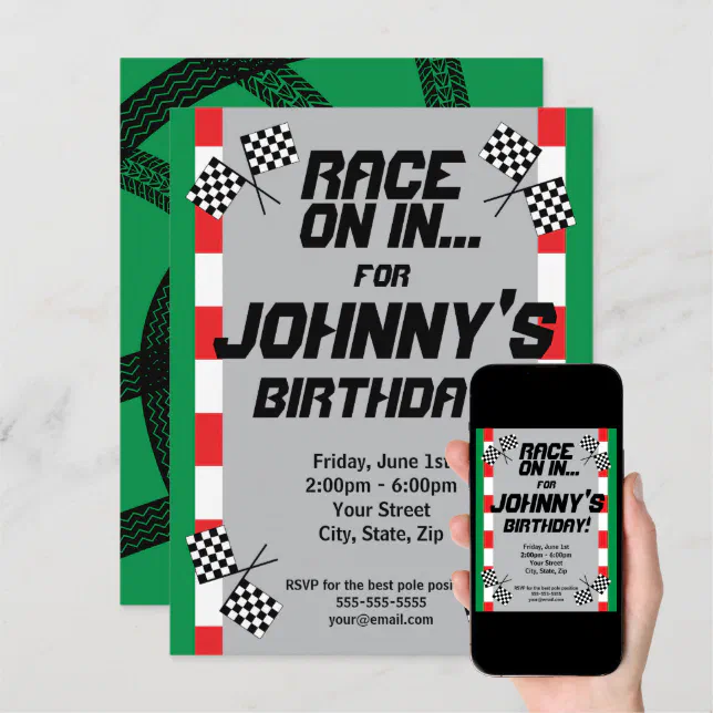Race Track Birthday Invitation, Tire Tracks Racing Invitation | Zazzle