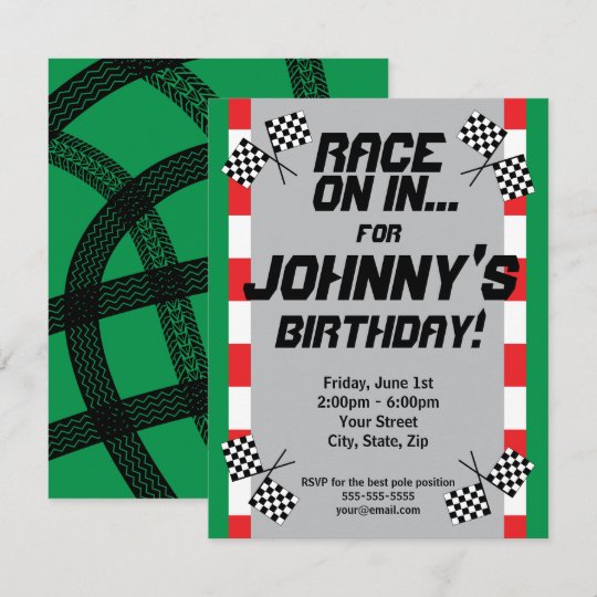 Race Track Birthday Invitation, Tire Tracks Racing Invitation | Zazzle.com