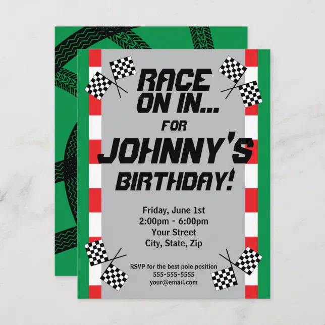 Race Track Birthday Invitation, Tire Tracks Racing Invitation | Zazzle