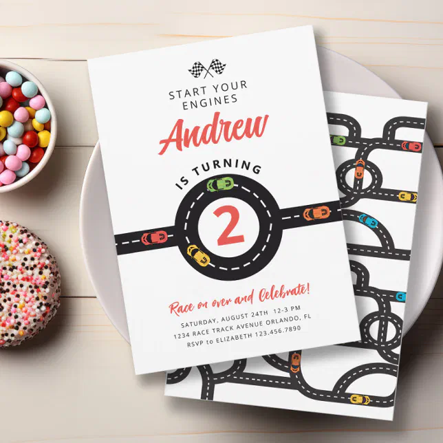 Race Track Cars Boys 2nd Birthday Invitation | Zazzle