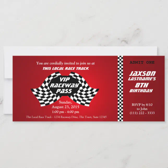Race Track Pass Birthday Ticket Invitation | Zazzle