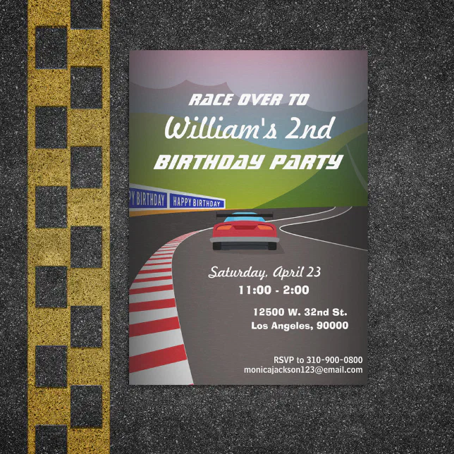 Race Track Race Car Kids Birthday Party Invitation | Zazzle