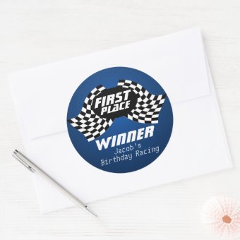 Racing Birthday Checkered Flags 1st Place Classic Round Sticker | Zazzle