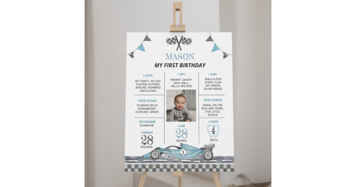 Racing Car 1st Birthday Photo Milestone Poster | Zazzle