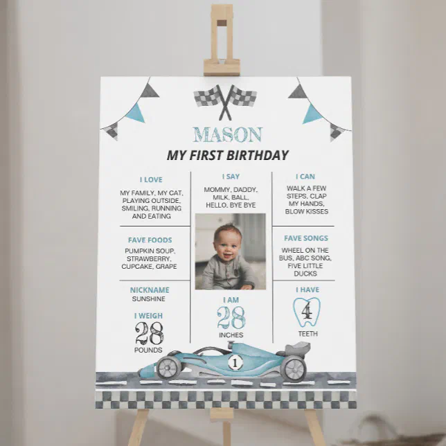 Racing Car 1st Birthday Photo Milestone Poster | Zazzle