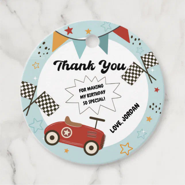 Racing Car Birthday Circle Thank You Tag | Zazzle