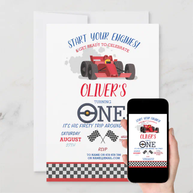 Racing Car Driver ONE First Trip Track Birthday Invitation | Zazzle