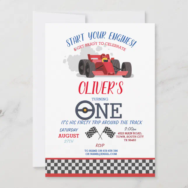 Racing Car Driver ONE First Trip Track Birthday Invitation | Zazzle