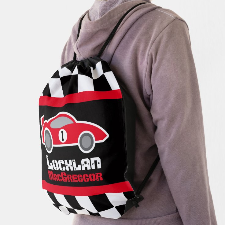 Racing car red flag kids full name drawstring bag | Zazzle