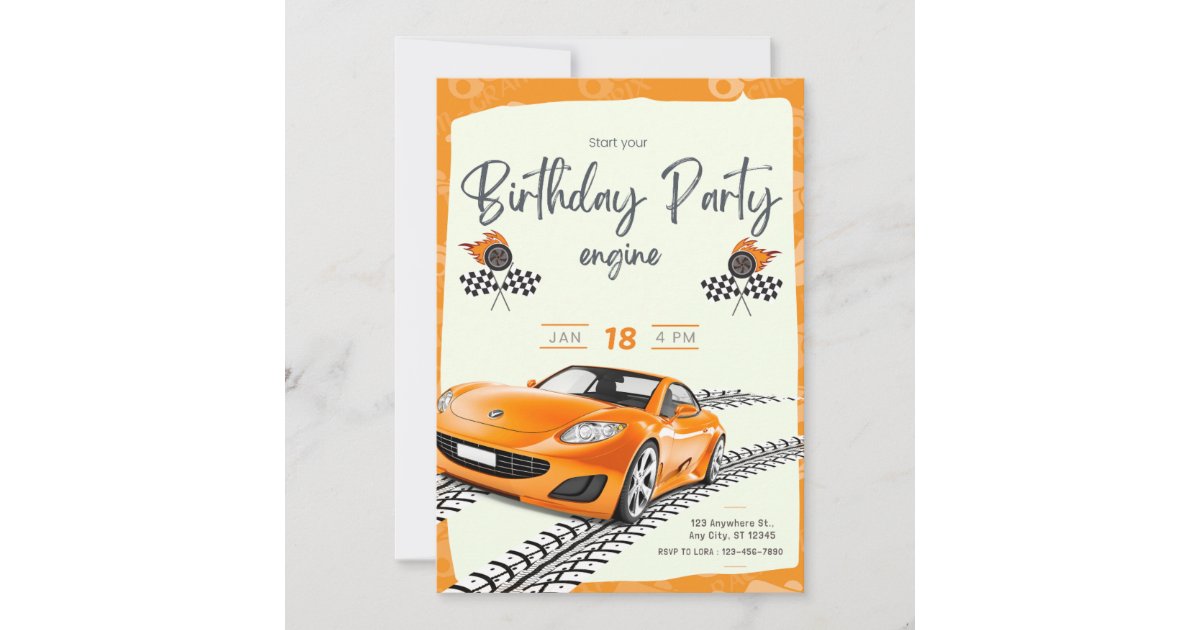 Racing Car Tires Tracker Boy Birthday Invitation | Zazzle
