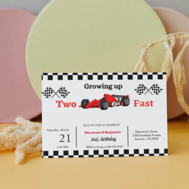 Racing cars bithday twin boys growing up two fast invitation | Zazzle