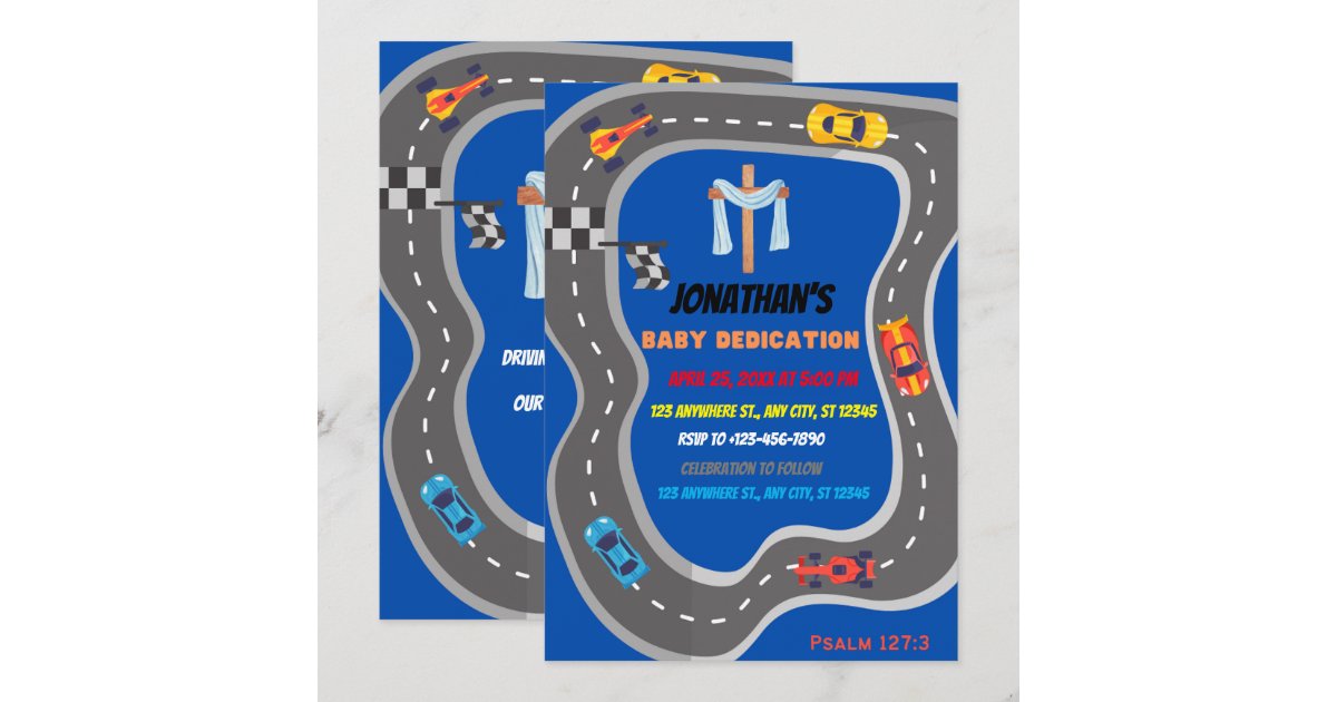Racing Cars Racetrack Baby Boy Dedication Invitation | Zazzle