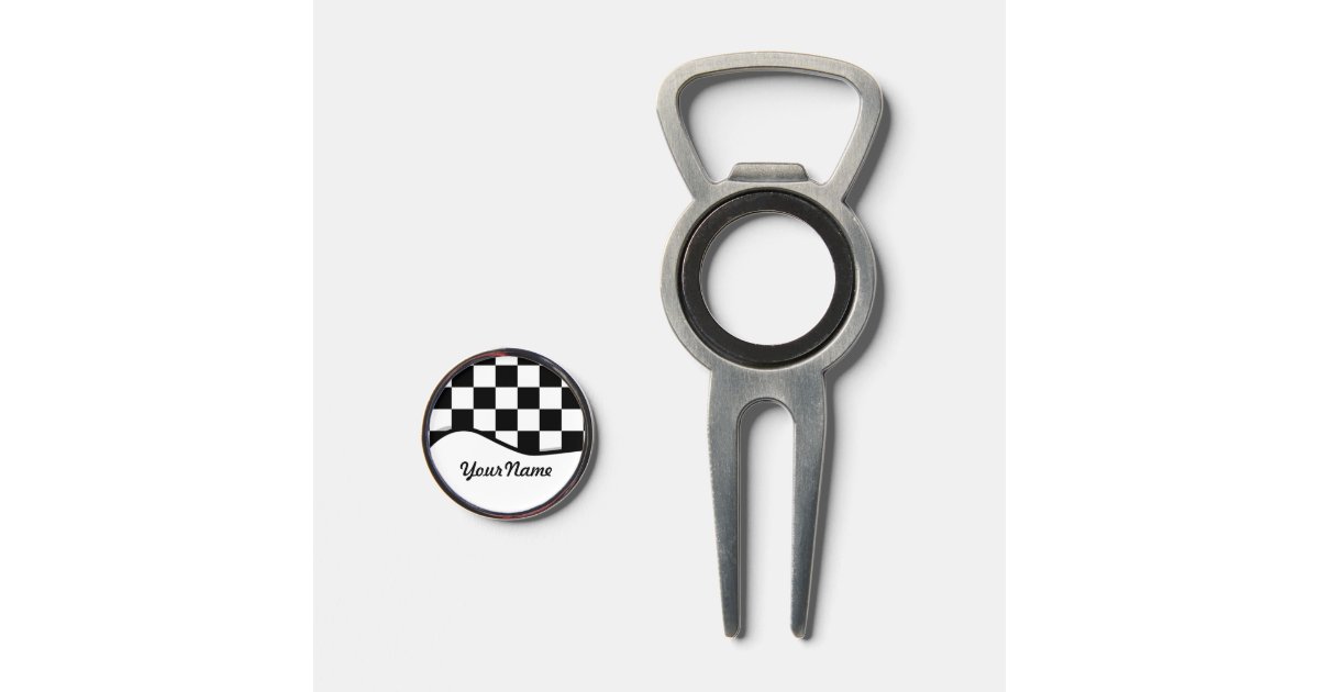 Racing Check Black White Checkered + Name Divot Tool | Zazzle