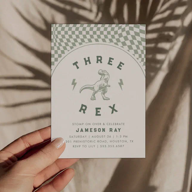 Rad Dinosaur Three Rex Boys Green Birthday Invitation | Zazzle