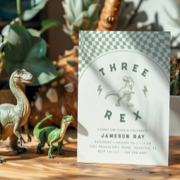 Rad Dinosaur Three Rex Boys Green Birthday Invitation | Zazzle