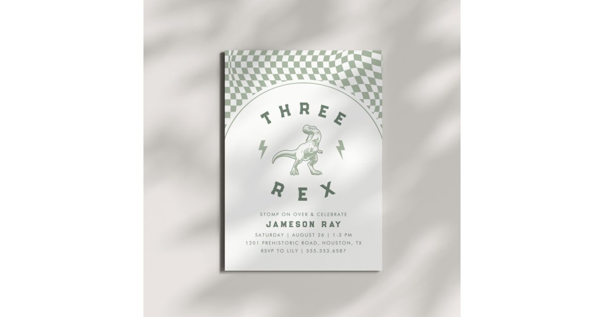Rad Dinosaur Three Rex Boys Green Birthday Invitation | Zazzle