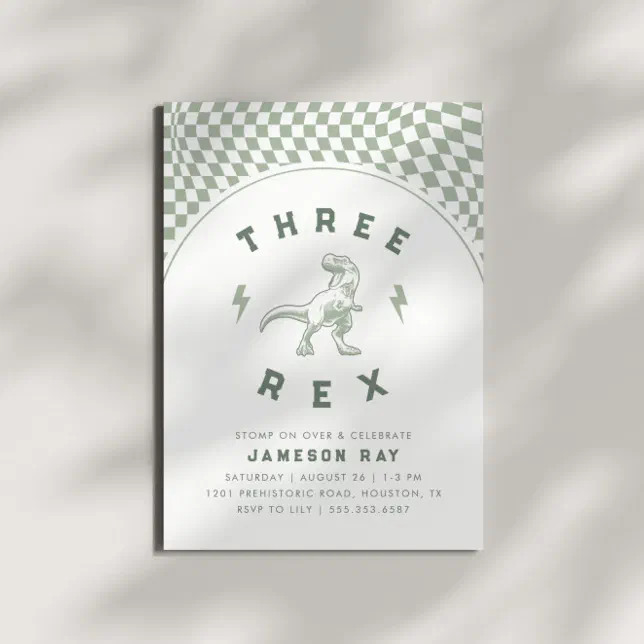 Rad Dinosaur Three Rex Boys Green Birthday Invitation | Zazzle