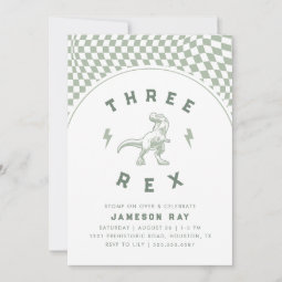 Rad Dinosaur Three Rex Boys Green Birthday Invitation | Zazzle