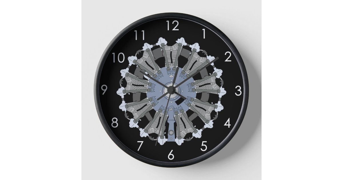Radial Engine Wall Clock with a Black Background | Zazzle