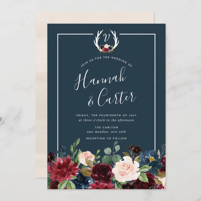 Radiant Bloom Antler Monogram Wedding Invitation | Zazzle