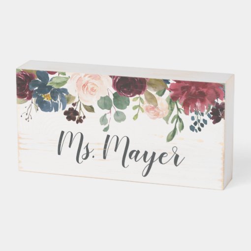 Radiant Bloom Floral Teacher Name Classroom Wooden Box Sign | Zazzle