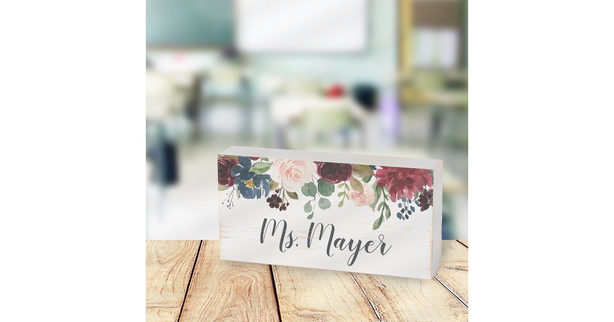 Radiant Bloom Floral Teacher Name Classroom Wooden Box Sign | Zazzle