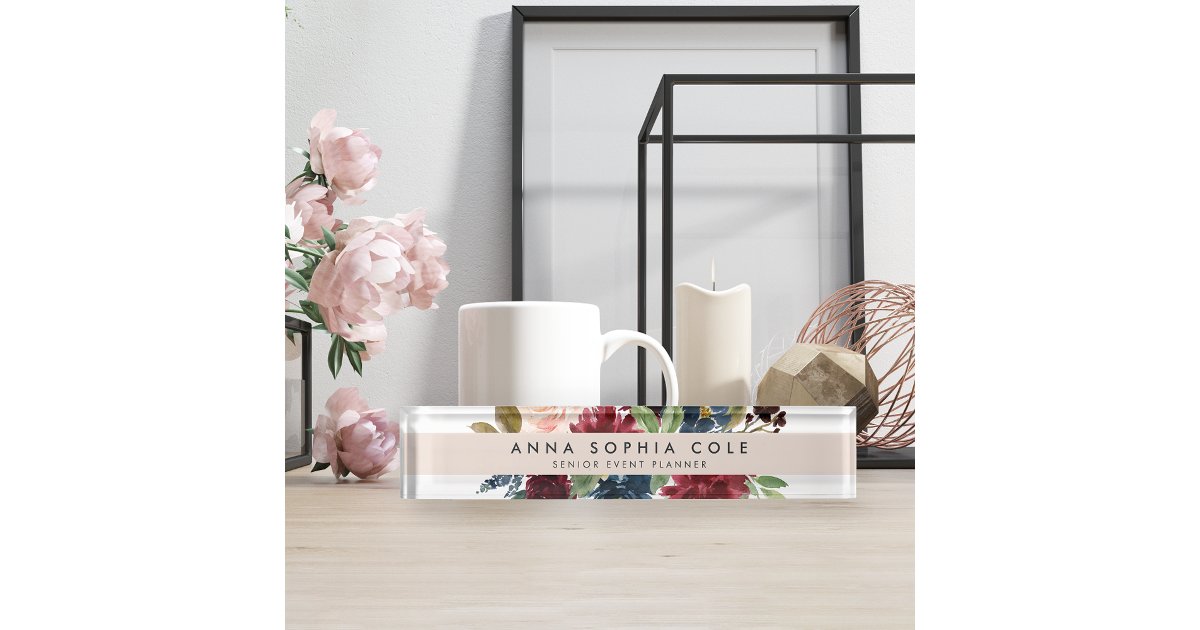 Radiant Bloom | Modern Watercolor Floral Desk Name Plate | Zazzle