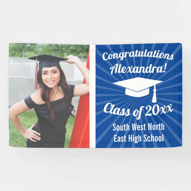 Radiant Blue Custom Photo Graduation Banner | Zazzle