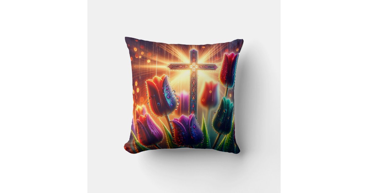 “Radiant Christian Cross: Raindrops on Tulips" Throw Pillow | Zazzle