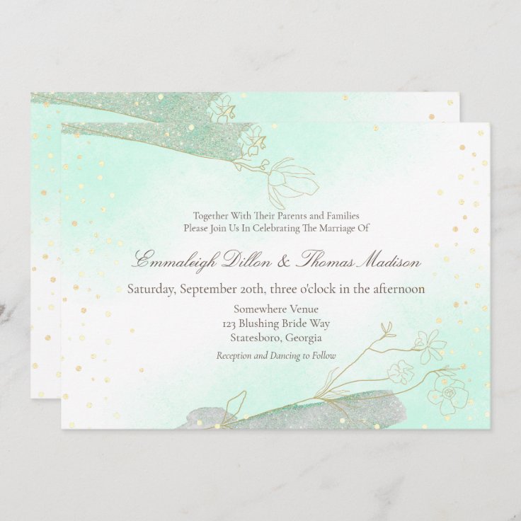 Radiant Mint Green Foliage Glitter Wedding Invitation | Zazzle