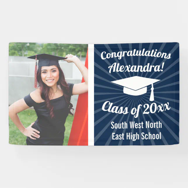 Radiant Navy Blue Custom Photo Graduation Banner | Zazzle